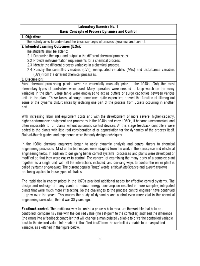 Laboratory Exercise No. 1 Basic Concepts of Process Dynamics and ...