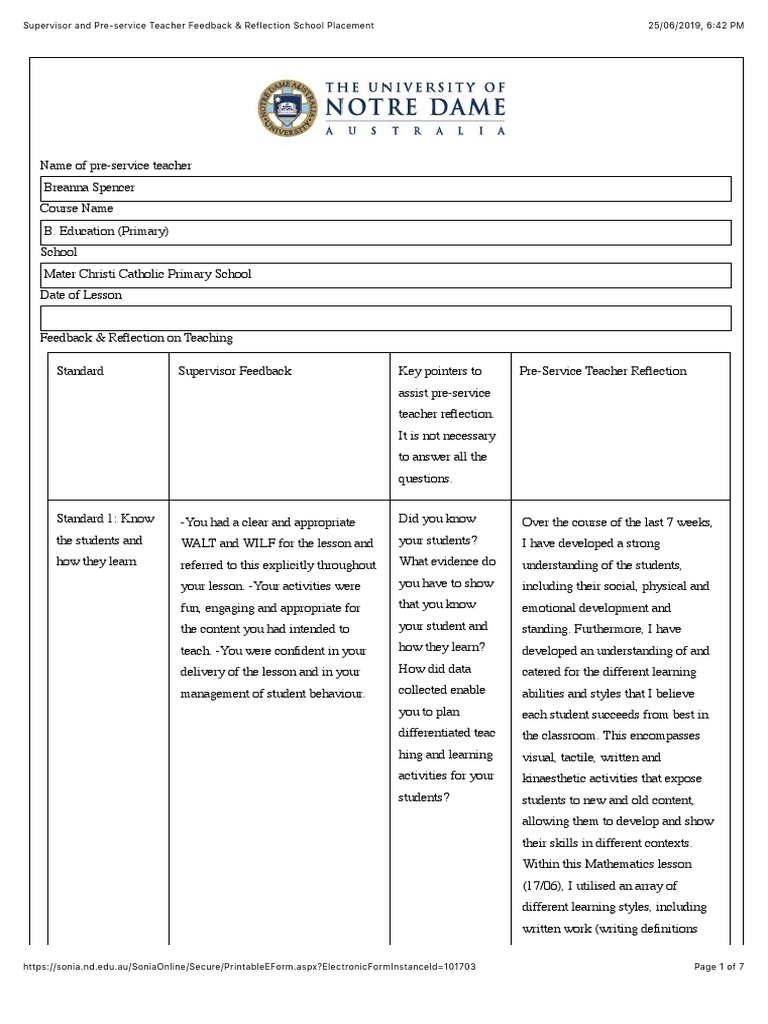Supervisor and Pre-Service Teacher Feedback Reflection School Placement ...