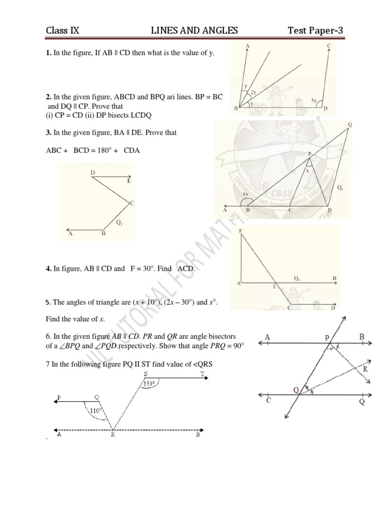 9th Lines and Angle Test Paper-3 PDF | PDF | Teaching Methods ...
