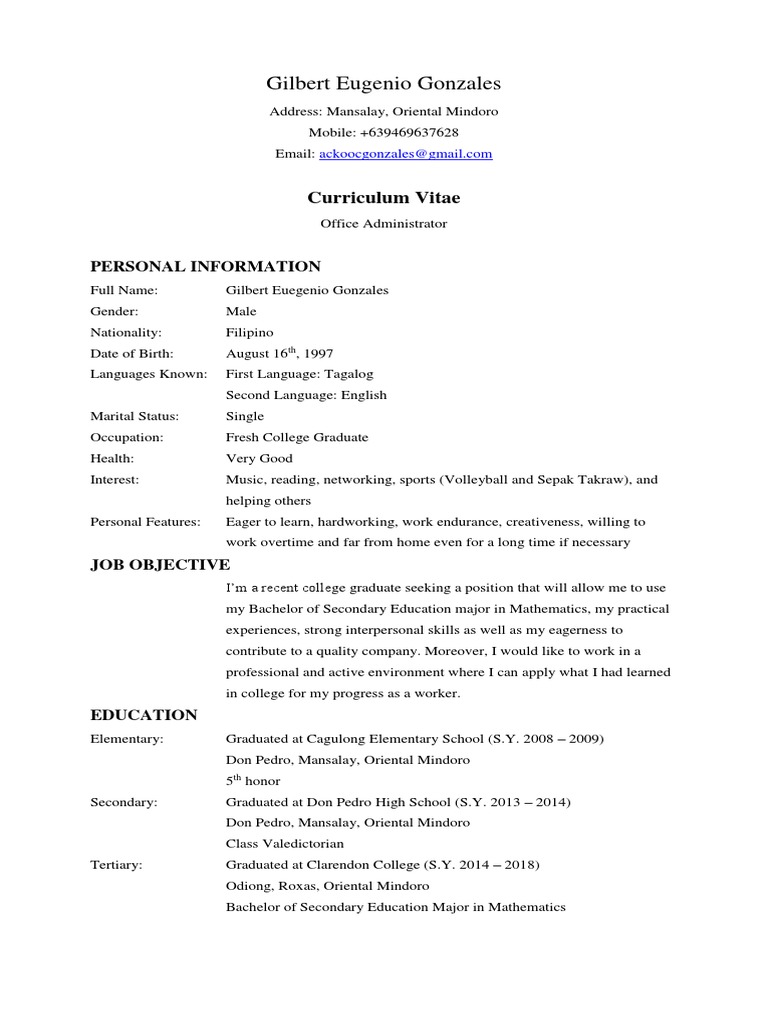 Gilbert Eugenio Gonzales: Curriculum Vitae | PDF