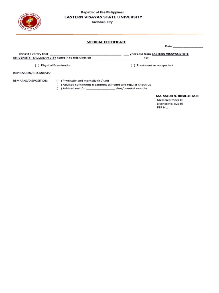 Eastern Visayas State University: Medical Certificate | PDF