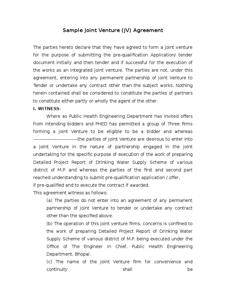 Sample Joint Venture (JV) Agreement: I. Witness | PDF | Joint Venture ...