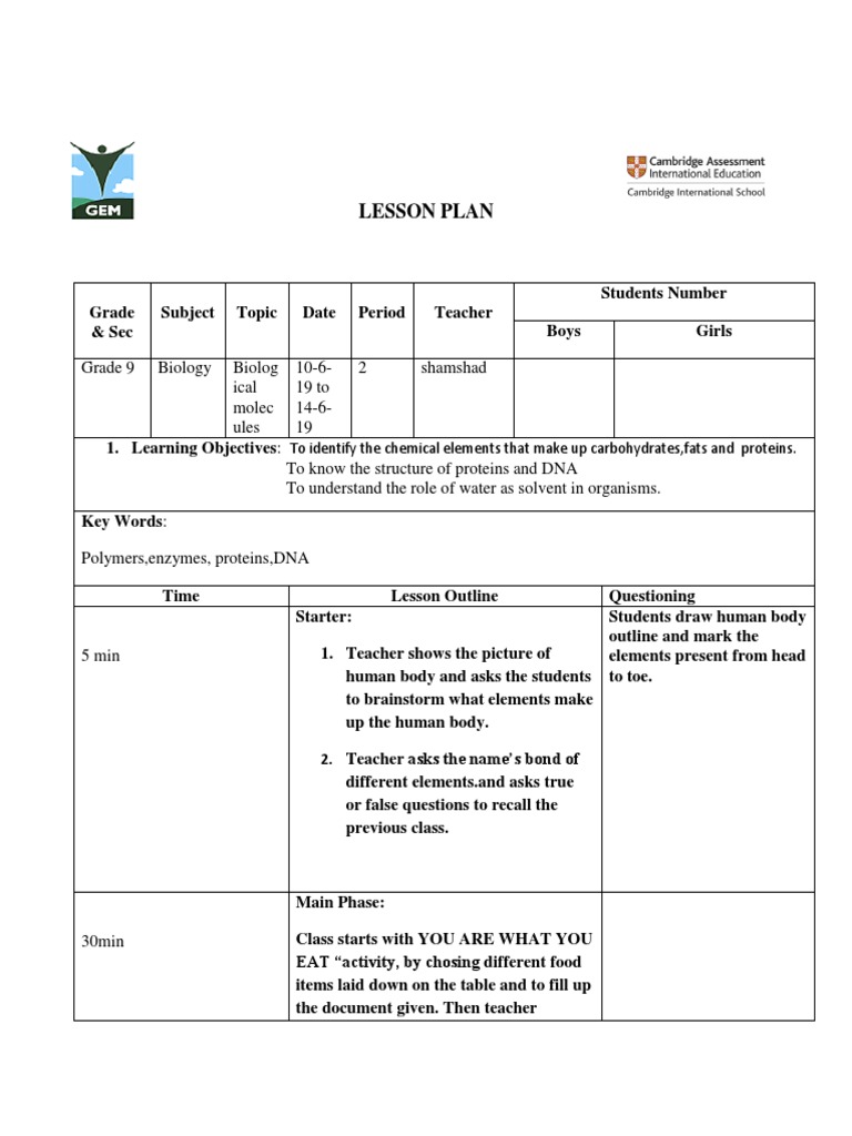 9th Grade Biology: Biomolecules Lesson Plan | PDF | Lesson Plan ...