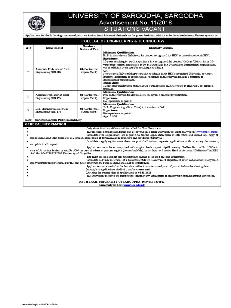 UoS Engineering College Vacancies | PDF | Doctor Of Philosophy ...