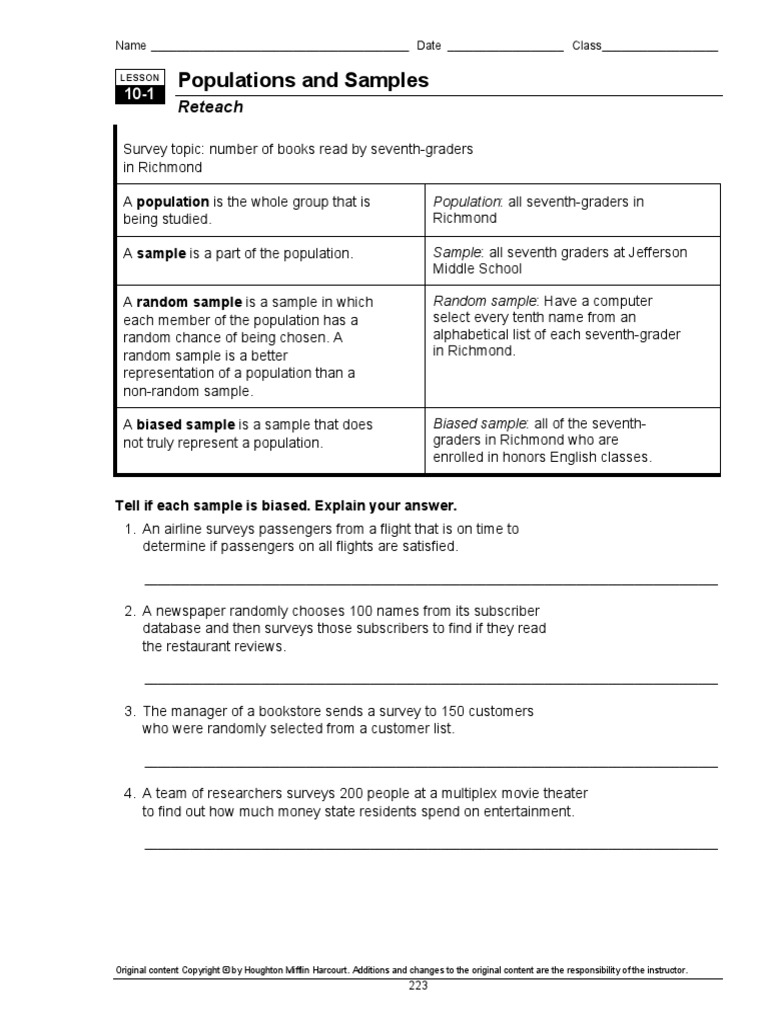 10-1 Populations and Samples Reteach | PDF | Randomness | Sampling ...