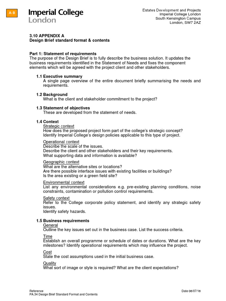 3.10 Appendix A Design Brief Standard Format & Contents Requirements ...