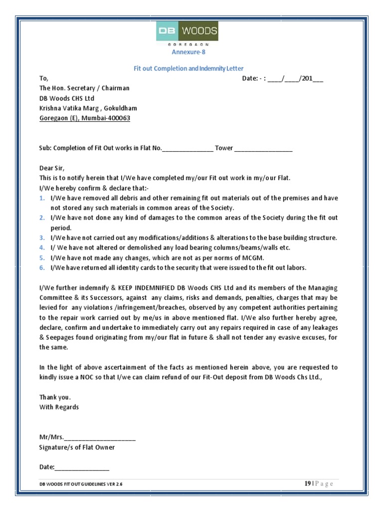 Annexure-8 Fit Out Completion and Indemnity Letter | PDF