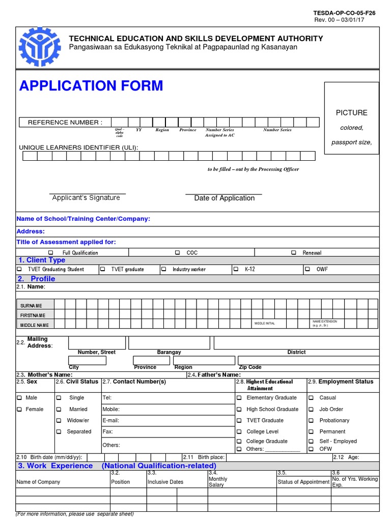 Application Form: Technical Education and Skills Development Authority ...