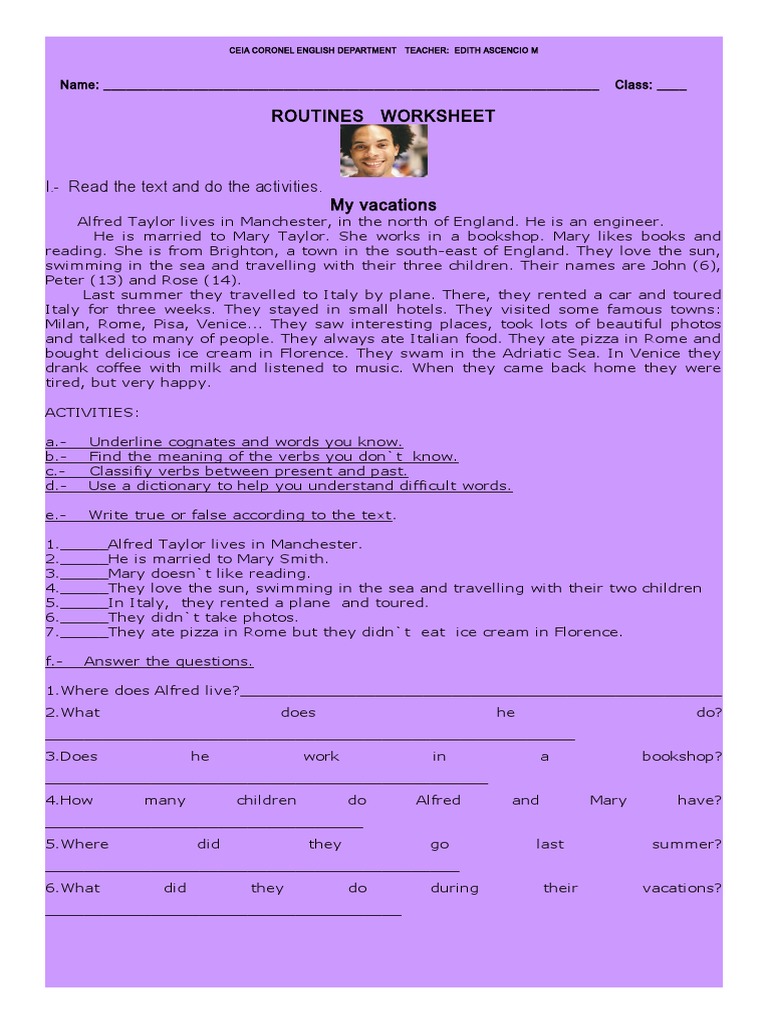 Routines Worksheet: Ceia Coronel English Department Teacher: Edith ...