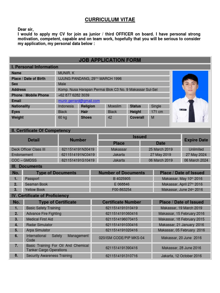 Junior Officer CV for Merchant Navy | PDF | Ships | Merchant Navy