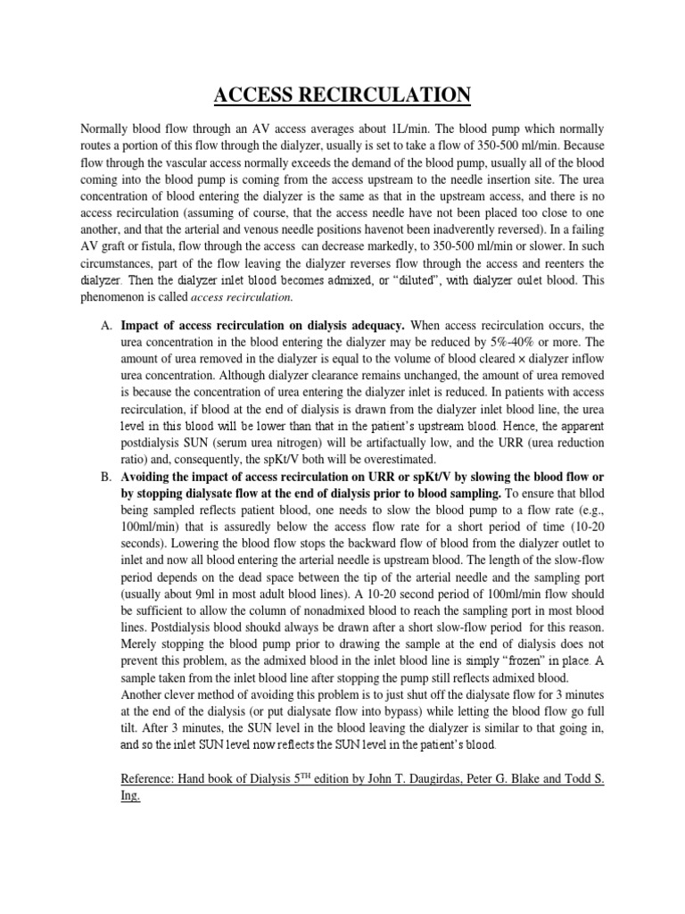 Access Recirculation | PDF | Hemodialysis | Medical Specialties