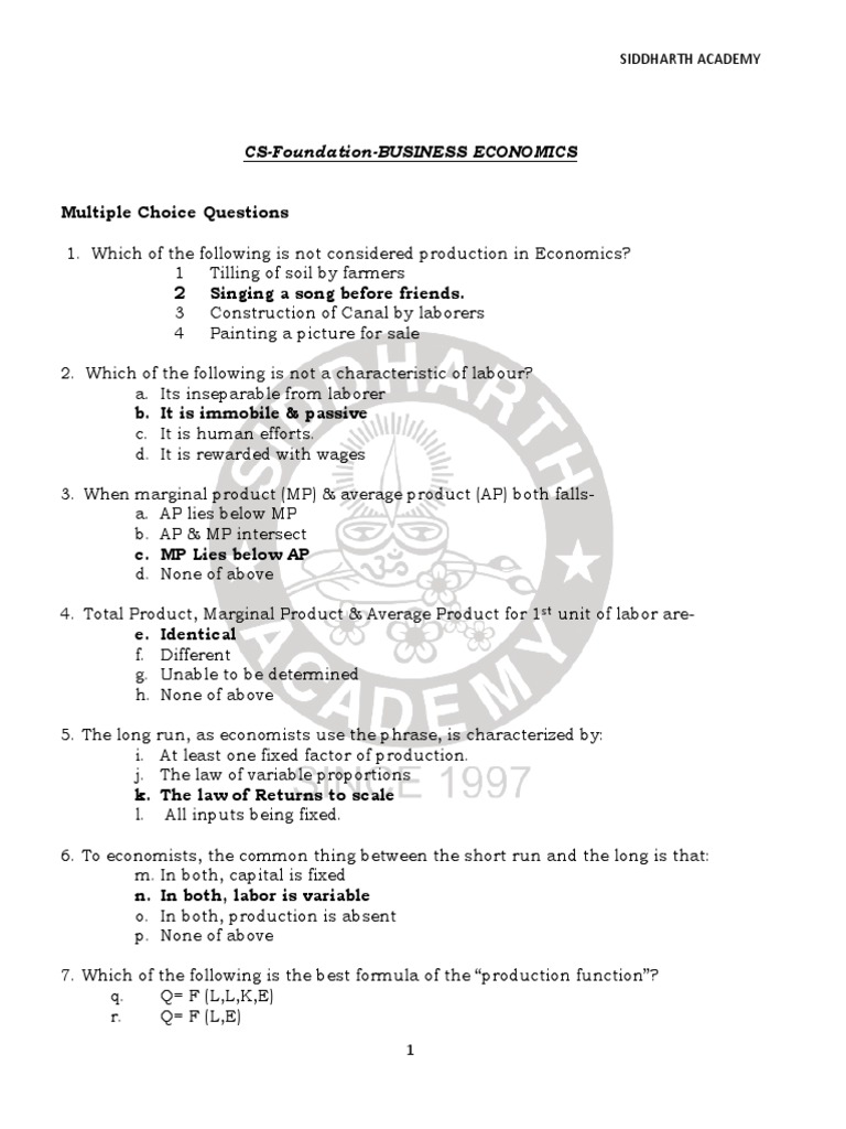 Business Economics MCQs for CS Foundation | PDF | Average Cost ...