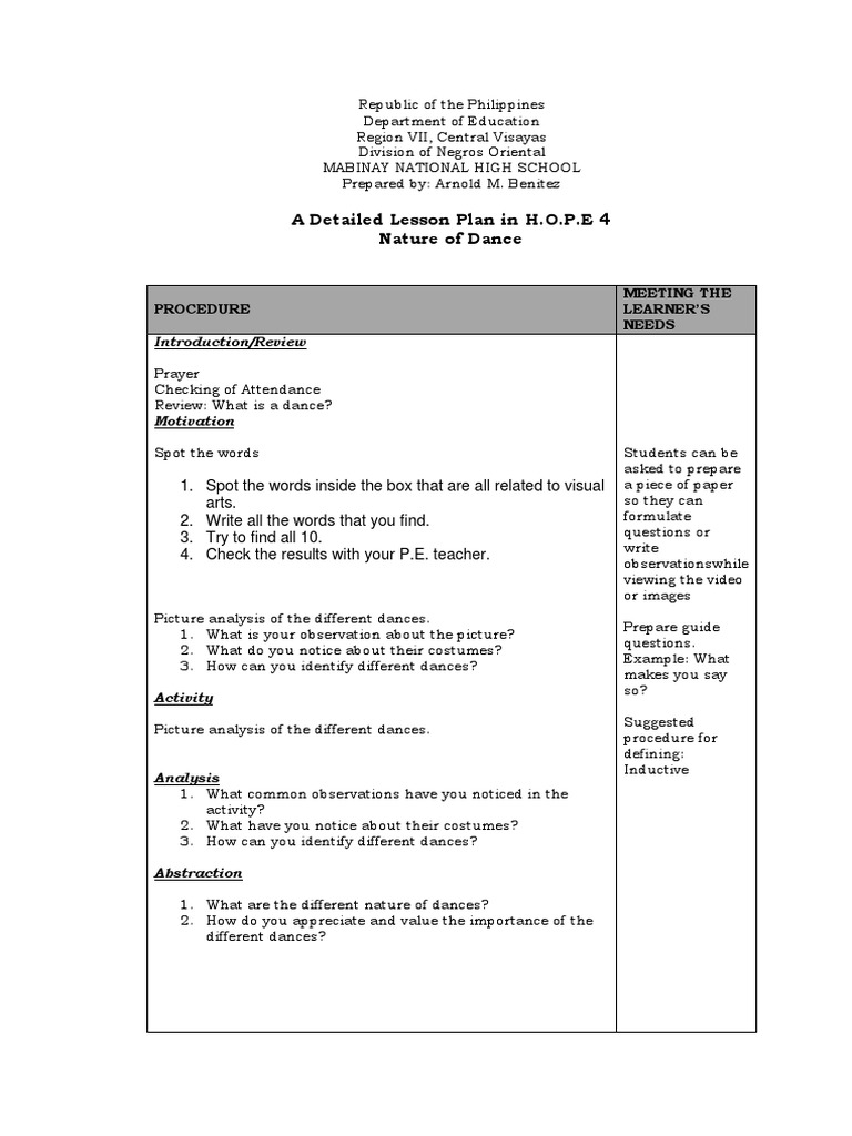 A Detailed Lesson Plan in H.O.P.E 4 Nature of Dance: Procedure Meeting ...