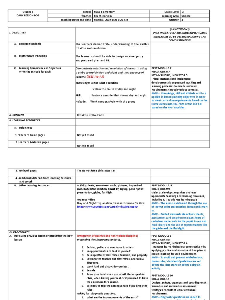 Grade 6 Science Lesson on Earth's Rotation | PDF | Curriculum ...