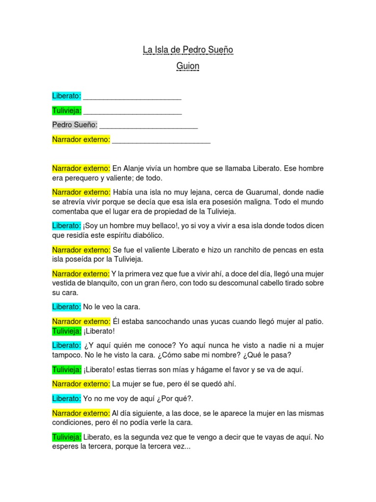 La Isla de Pedro Sueño - Guion | PDF | Oración | Narración