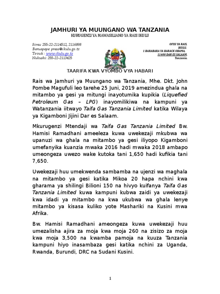 Rais Magufuli Azindua Ghala Na Mitambo Ya Gesi Ya Taifa Gas Tanzania ...