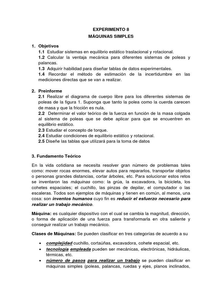 Máquinas Simples: Experimento y Análisis | PDF | Máquinas | Ingeniería ...