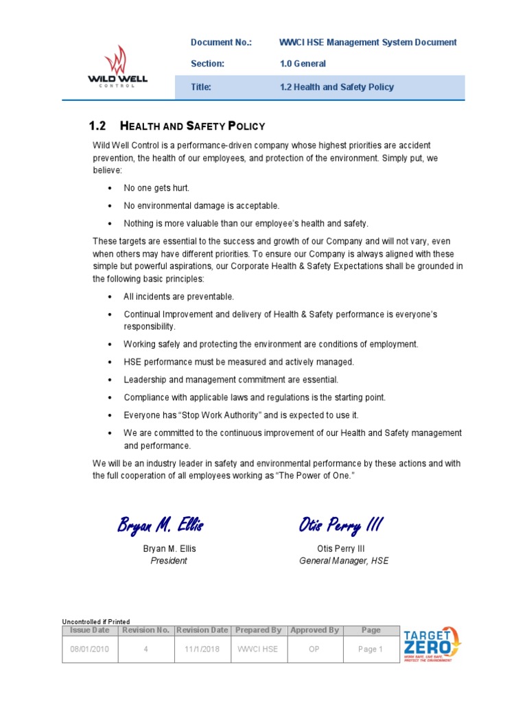 Health and Safety Policy Statement | PDF | Occupational Safety And ...