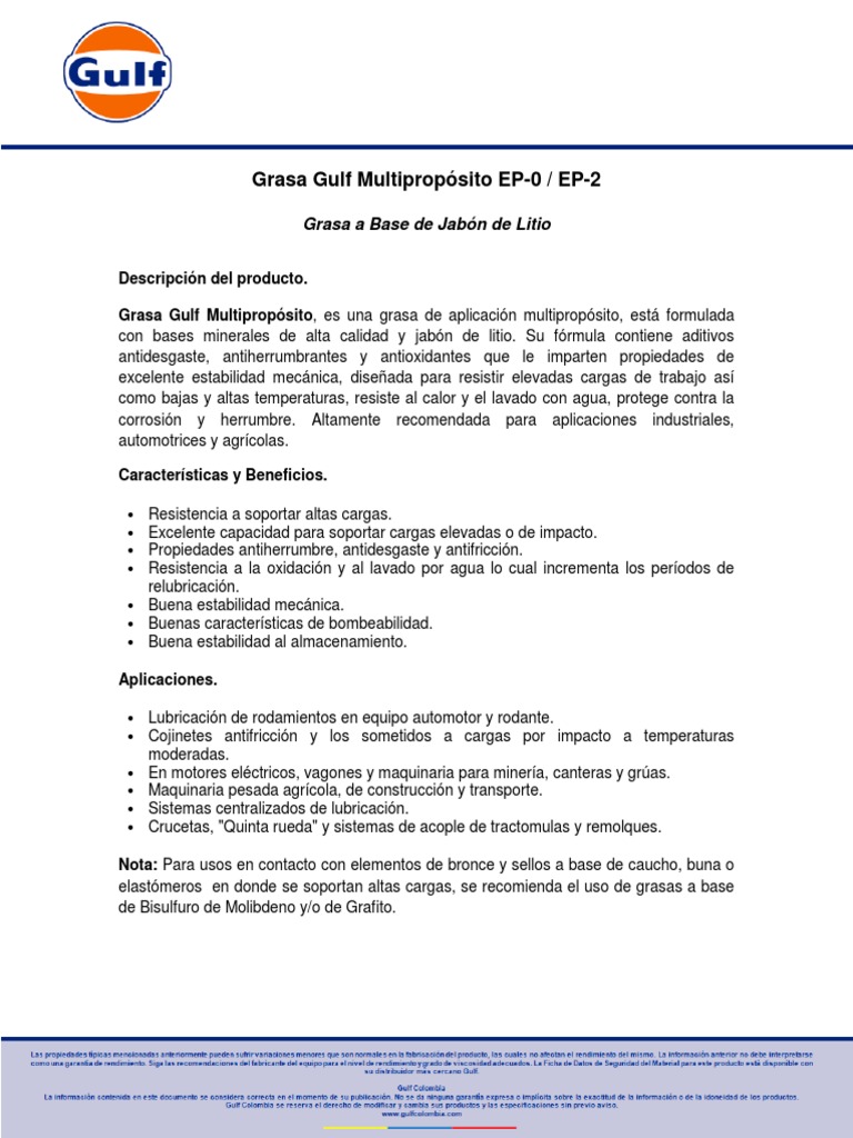 Grasa Gulf Multiproposito EP 0 EP 2 | PDF | Lubricante | Sustancias químicas