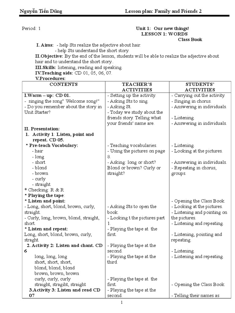 Nguyễn Tiến Dũng Lesson plan: Family and Friends 2 | PDF | Lesson Plan ...