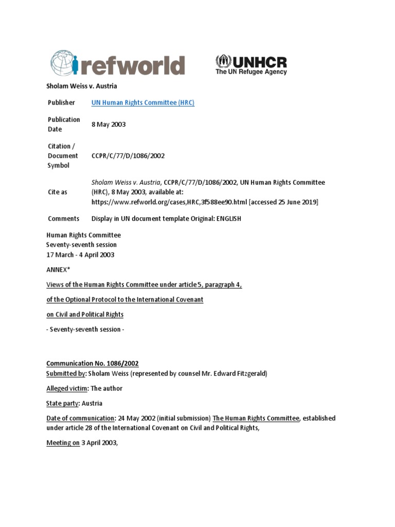Sholam Weiss V Austria | PDF | Extradition | Treaty