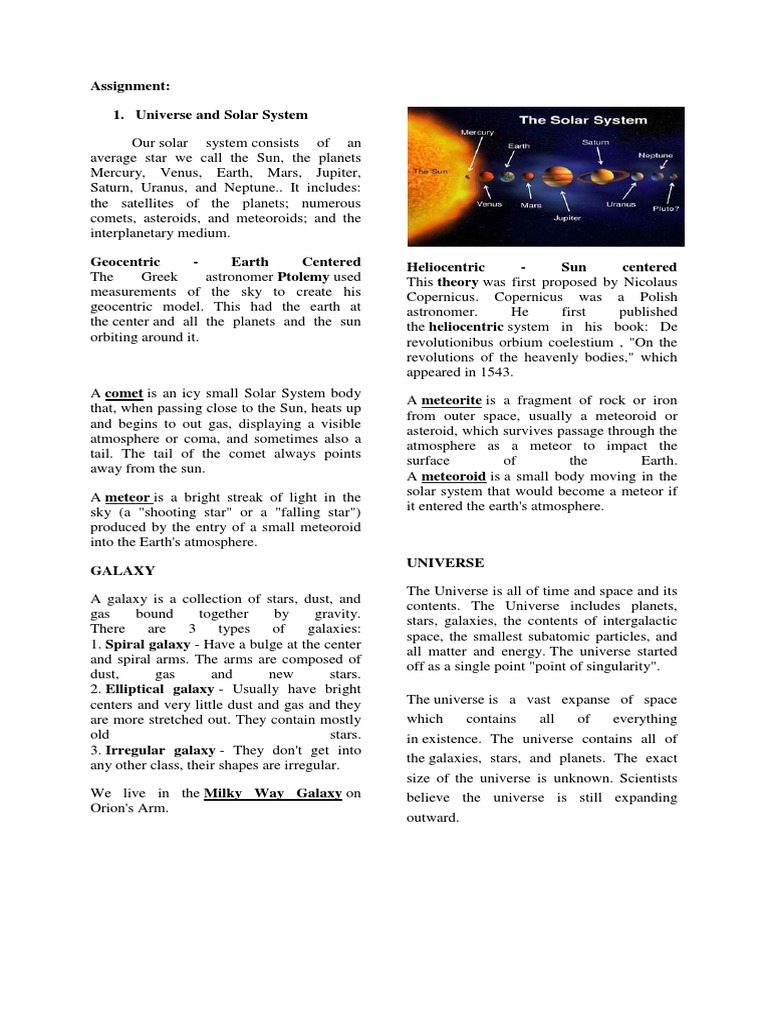 Assignment: 1. Universe and Solar System Our Solar | PDF | Planets ...