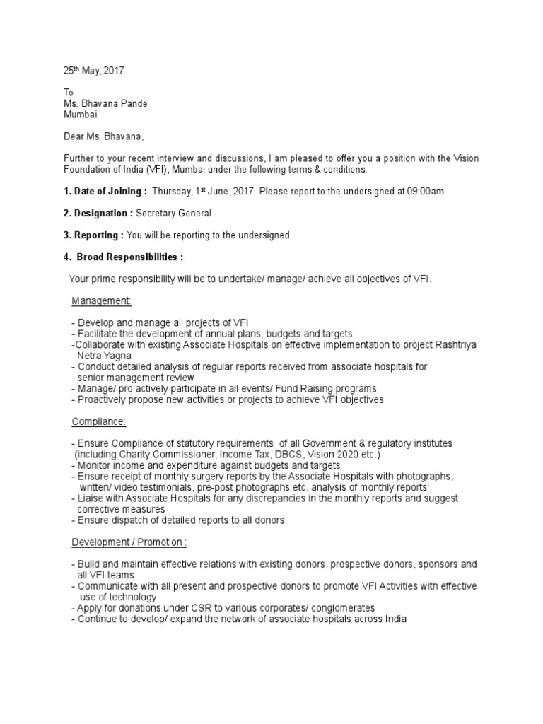 Draft Appointment Letter - Secretary General | PDF | Employment | Salary