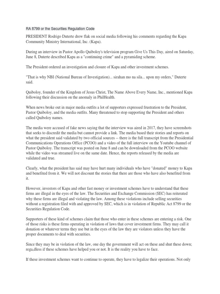 RA 8799 or The Securities Regulation Code | PDF | U.S. Securities And ...