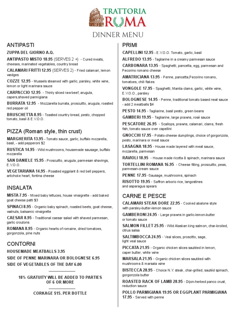 Trattoria Roma Dinner Menu June 19 | PDF | Italian Cuisine | Pesto