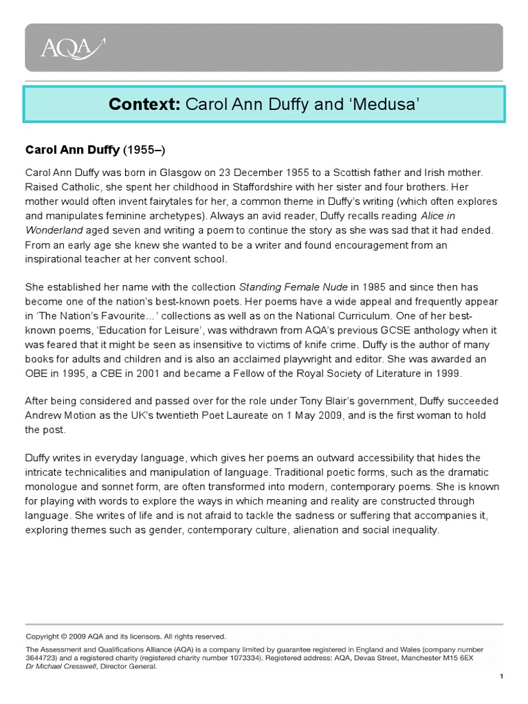 Context: Carol Ann Duffy and Medusa' | PDF | Medusa | Poetry