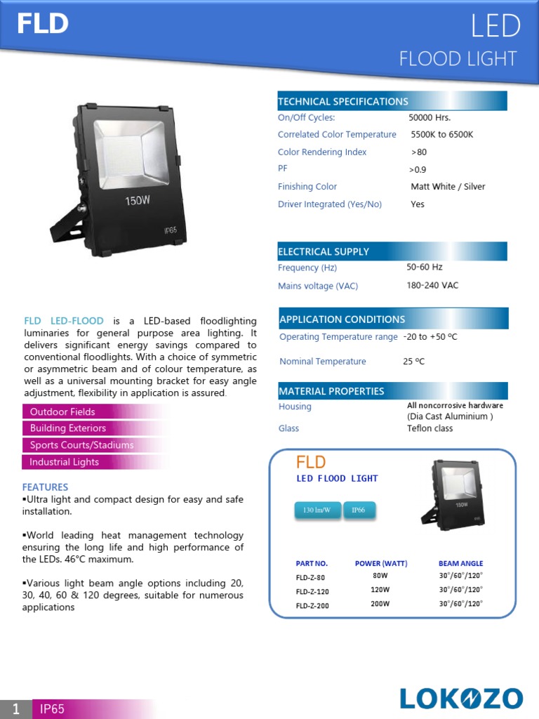 LED Flood Light Technical Specs | PDF | Light Emitting Diode | Lighting
