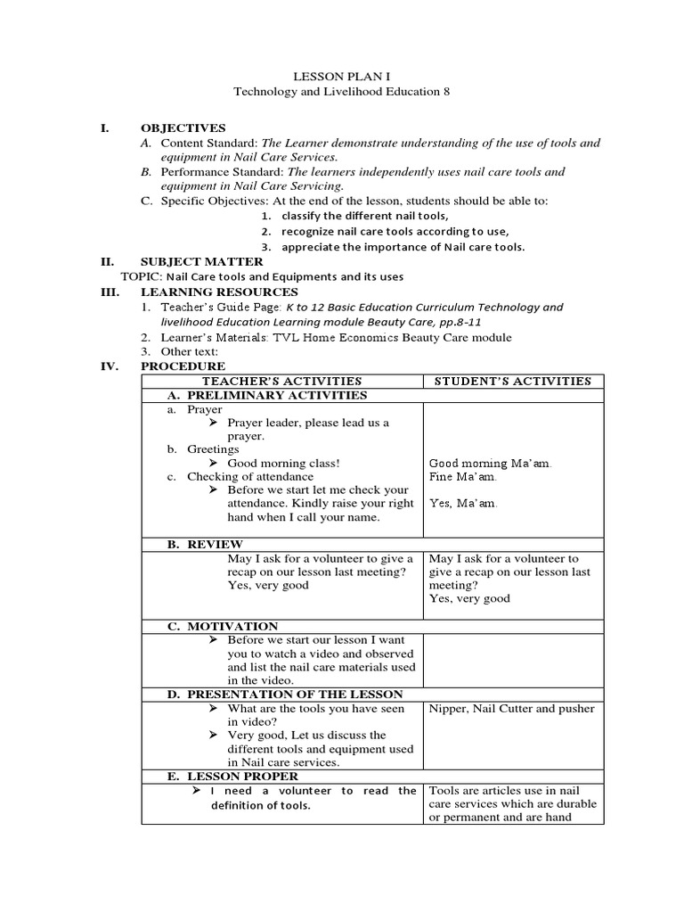 Nail Care Tools and Materials Lesson Plan | PDF | Nail (Anatomy) | Chair