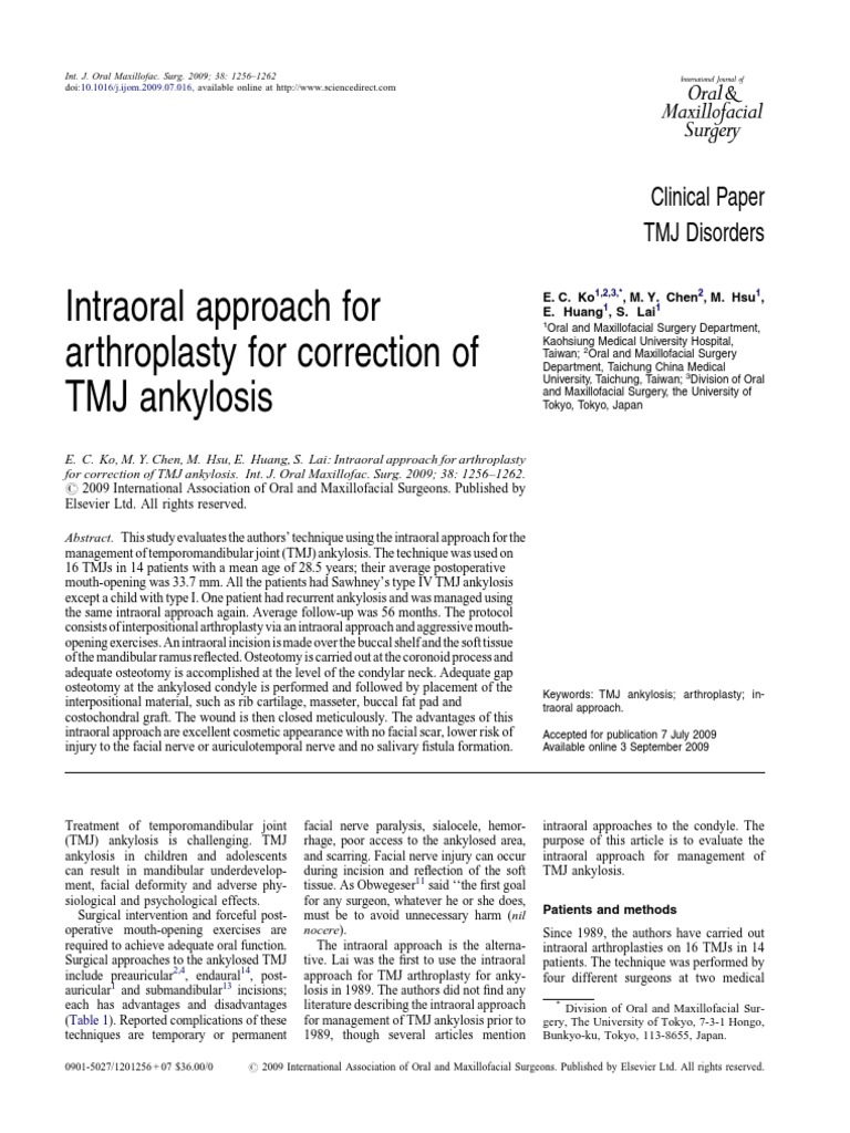 Intraoral Approach For Arthroplasty For Correction of TMJ Ankylosis ...