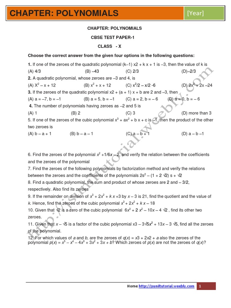 10th Polynomial Cbse Test Paper PDF | PDF | Polynomial | Factorization