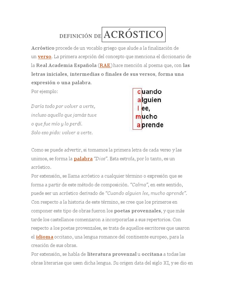 Definición de Acróstico | PDF | Poesía | Idiomas