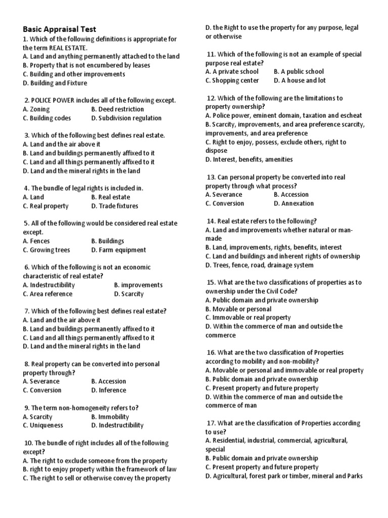 Basic Appraisal Test | Download Free PDF | Real Estate Appraisal | Real ...