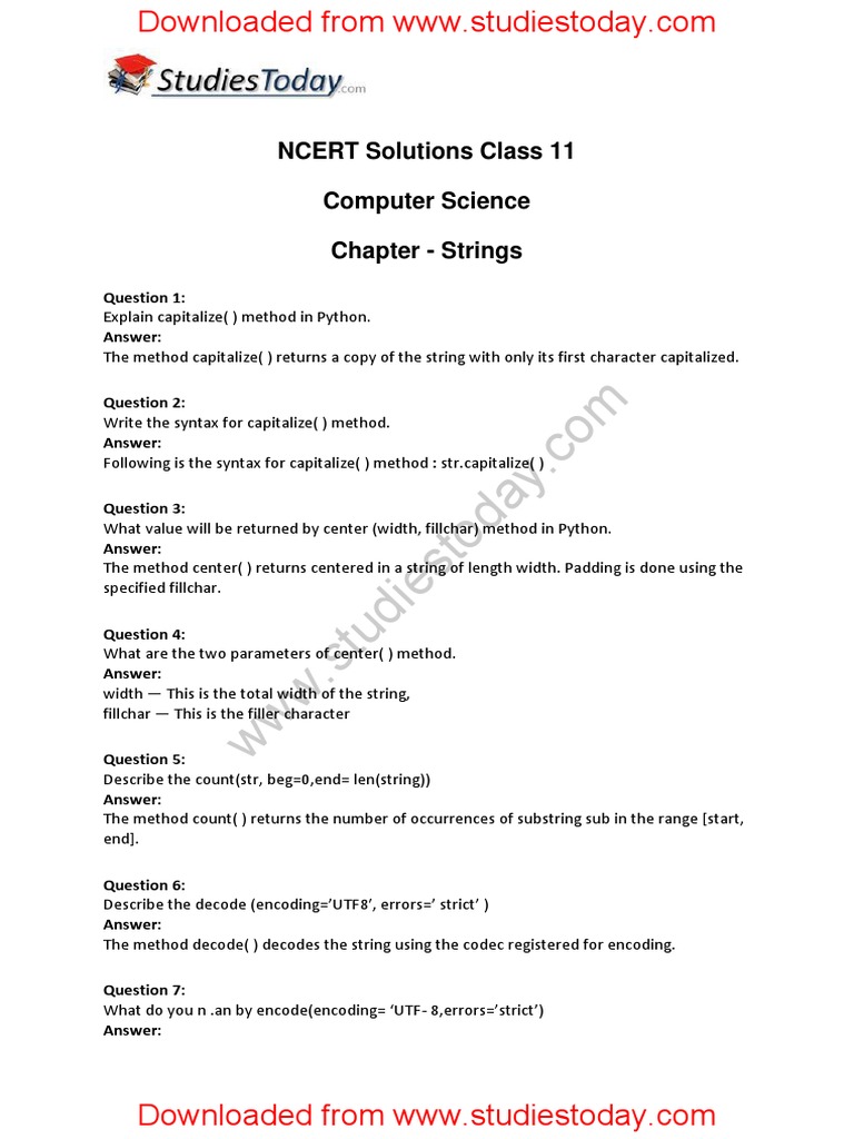 NCERT Solutions Class 11 Computer Science Strings | PDF | String (Computer Science) | Parameter ...