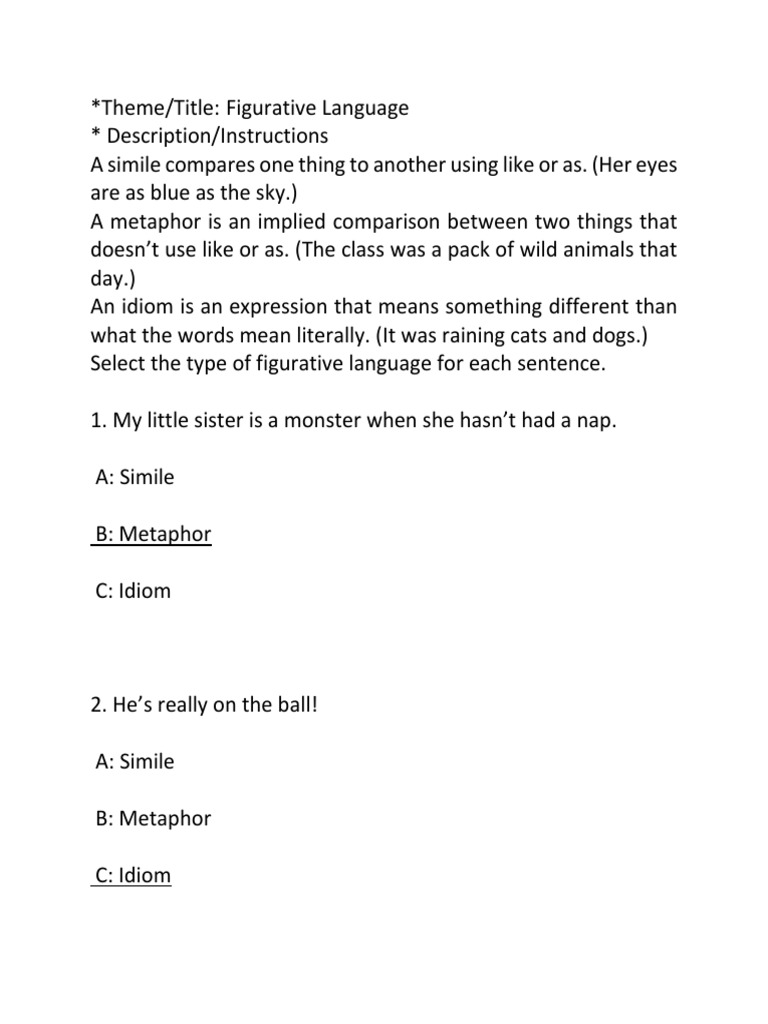 Figurative Language Quiz With ANSWER | PDF