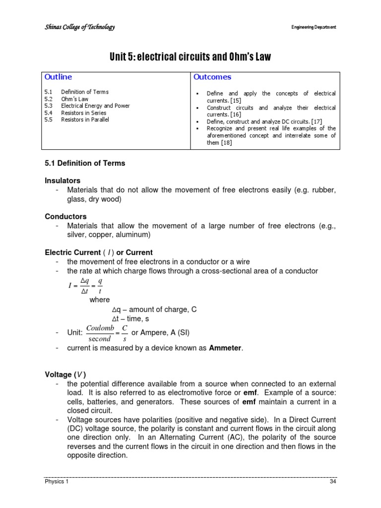 Electrical Circuits and Ohm’s Law Guide | PDF | Electric Current ...
