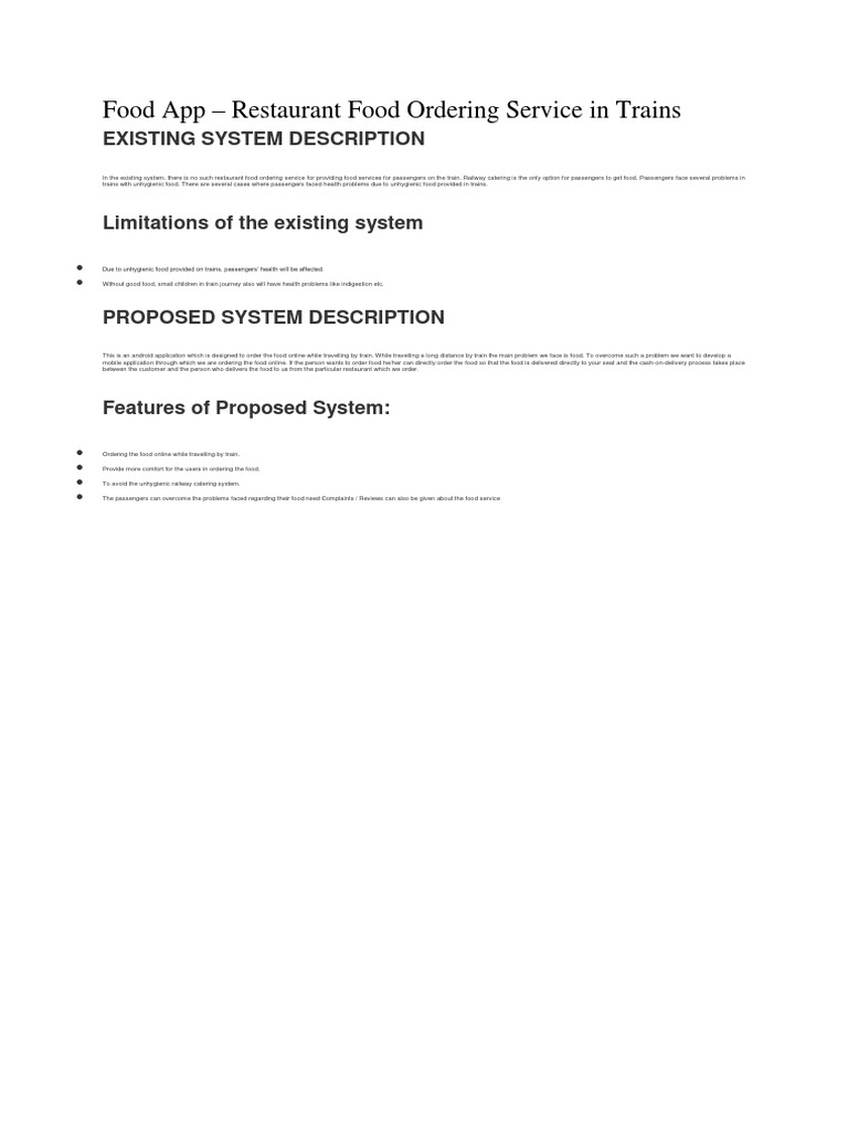 Food App - Restaurant Food Ordering Service in Trains: Existing System ...