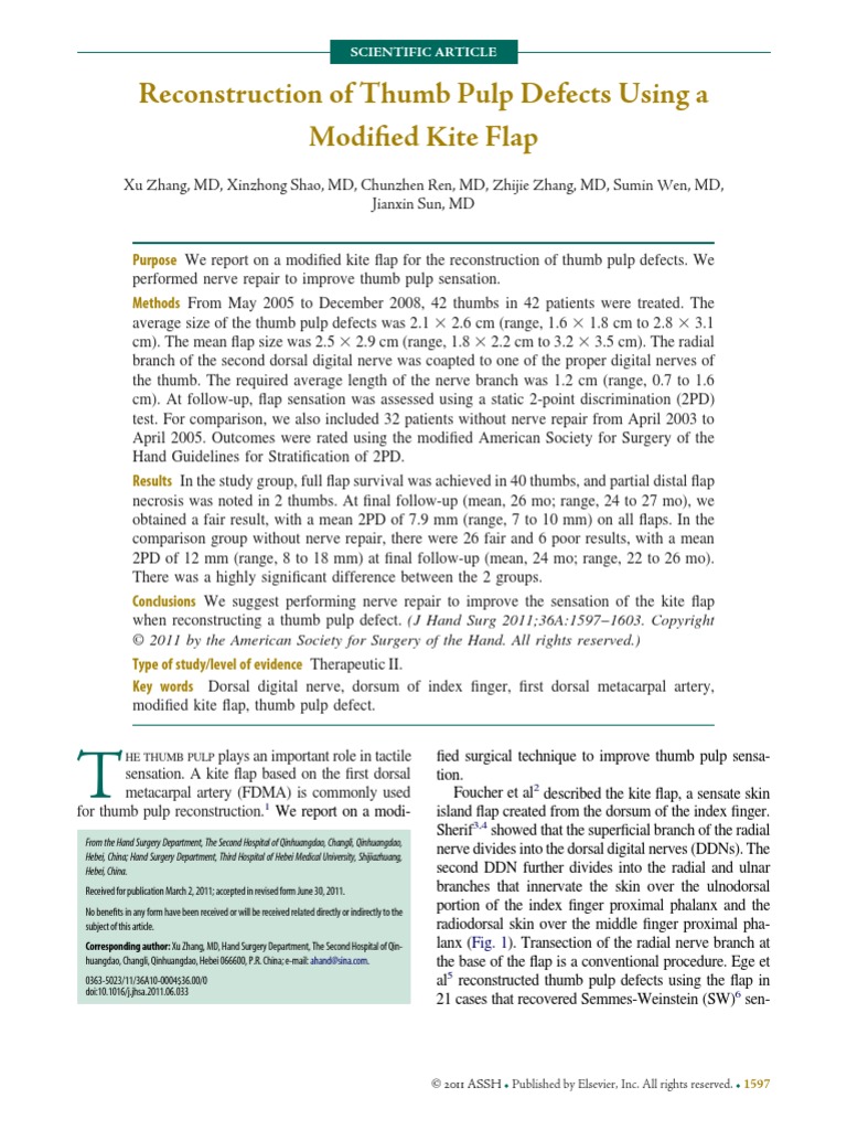 Reconstruction of Thumb Pulp Defects Using A Modified Kite Flap | PDF ...