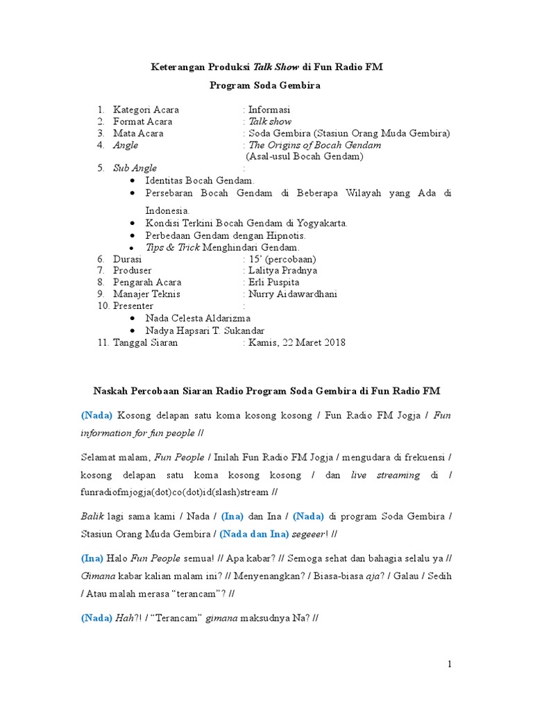 Naskah Talk Show Bocah Gendam | PDF | Seni & Disiplin Bahasa | Seni