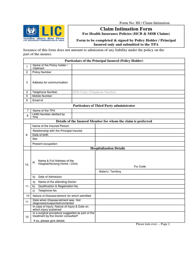 Claim Intimation Form Insurance 0 | PDF | Pathology | Hospital
