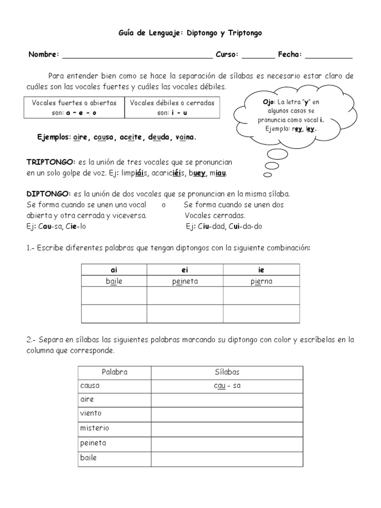 Guía de Lenguaje - Diptongo y Triptongo | PDF | Vocal | Fonética