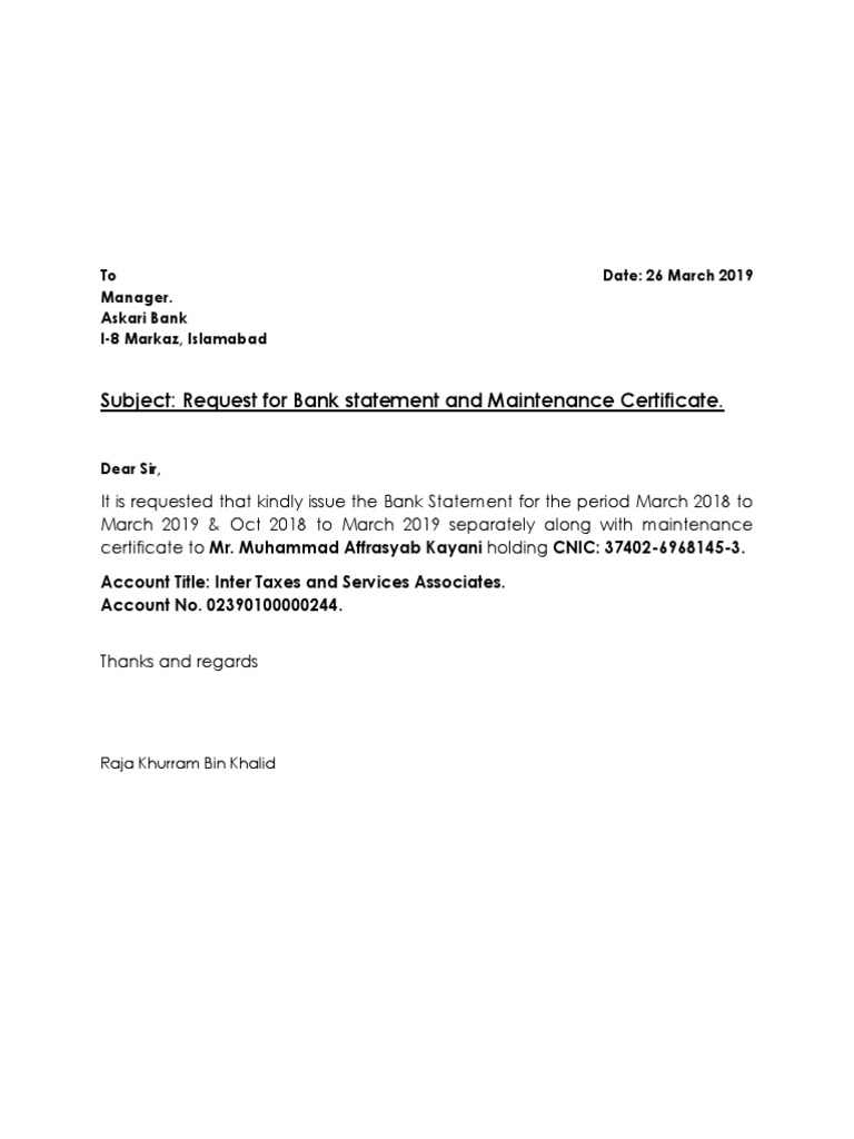 Bank Request For Bank Statement | PDF