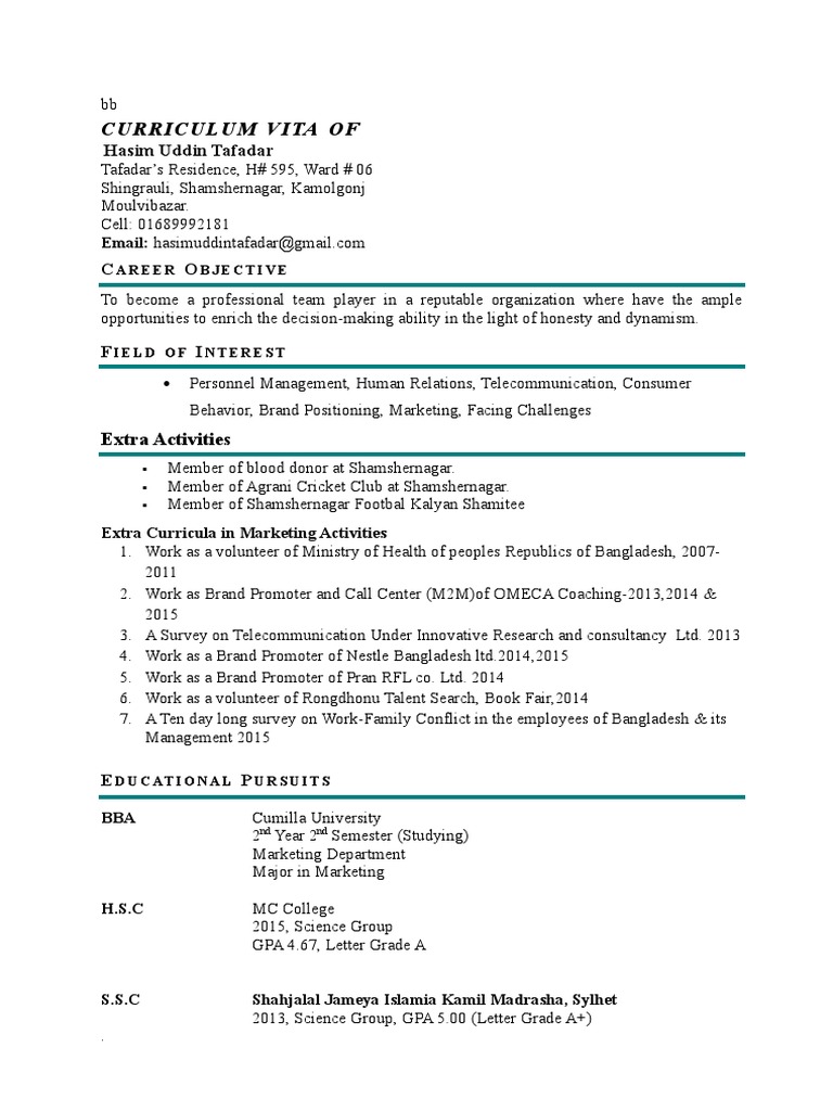 Curriculum Vita OF: Hasim Uddin Tafadar | PDF | Bangladesh | Communication