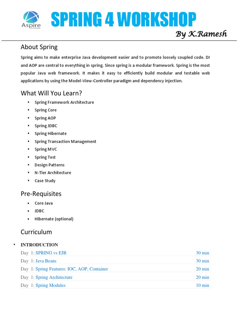 Spring Workshop Curriculum | PDF | Spring Framework | Computing Platforms