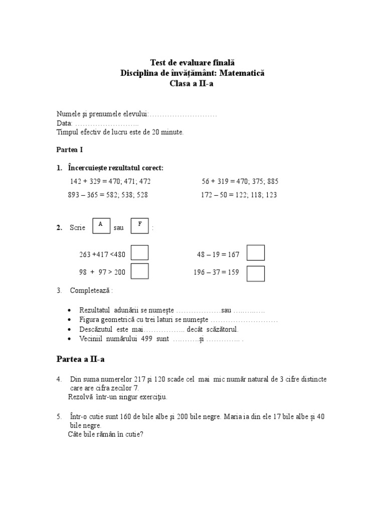 Test Matematica Clasa A 2 A | PDF