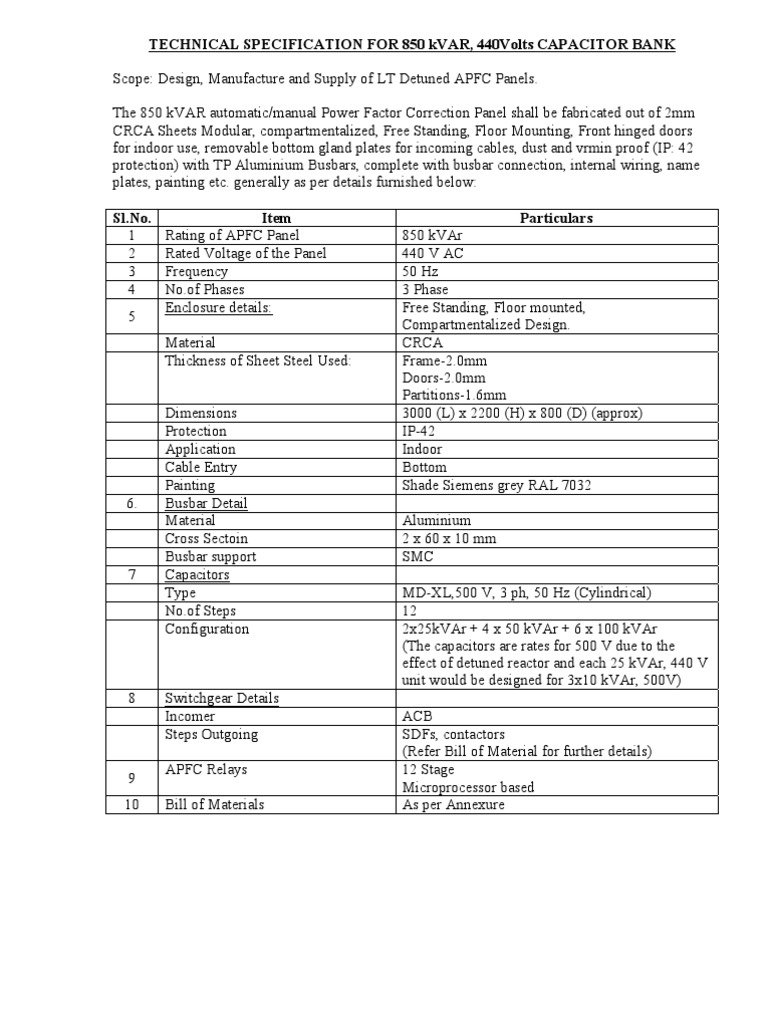 400V Capacitor Bank - Spec | PDF | Capacitor | Insulator (Electricity)