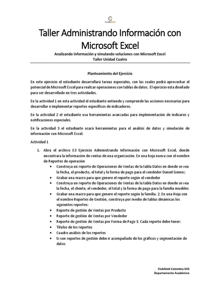 Instructivo Taller Analizando Información y Simulando Soluciones Con Microsoft Excel Archivo ...